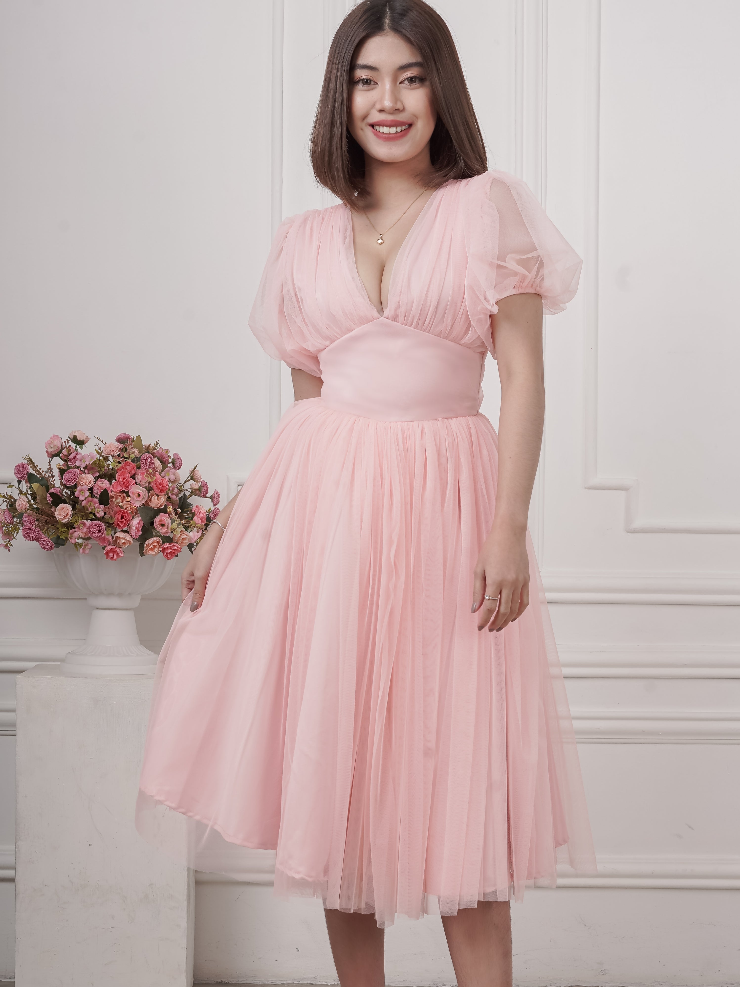 Puff-Sleeved Plunging Mesh Dress – Heather Clothing